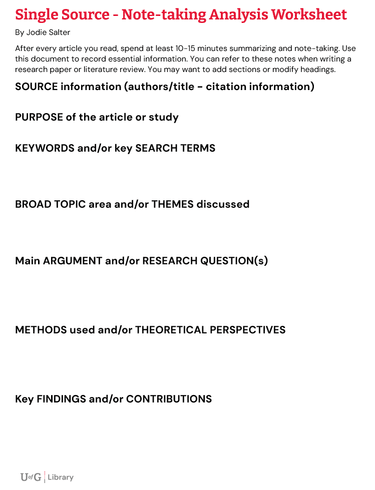 Single Source – Note-taking Analysis Worksheet | Digital Learning Commons